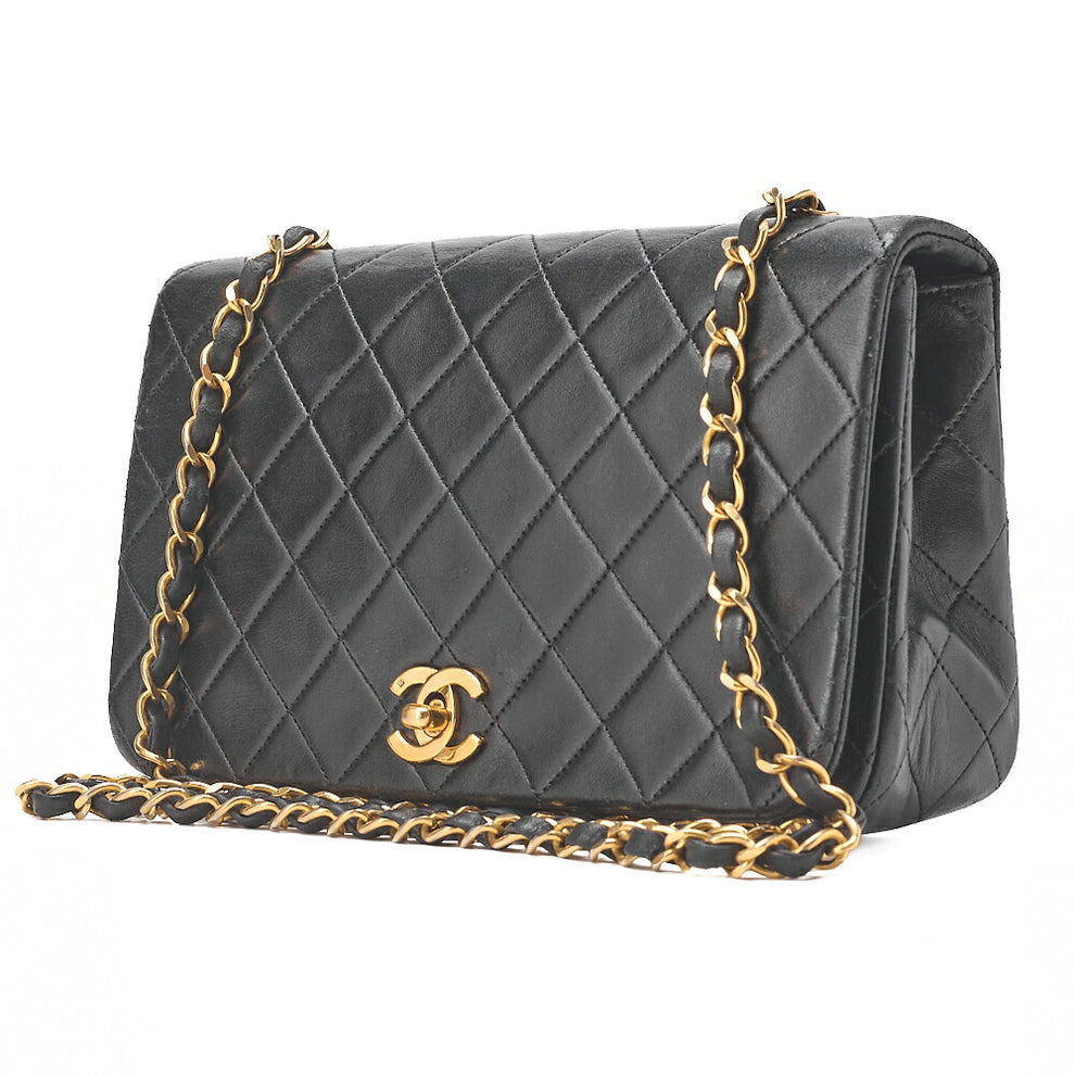 CHANEL Lambskin Matlasse Full Flap Turnlock Chain Shoulder Black Gold ...