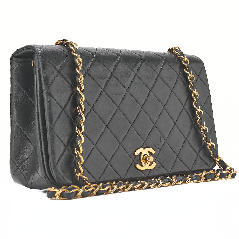CHANEL Lambskin Matlasse Full Flap Turnlock Chain Shoulder Black Gold ...