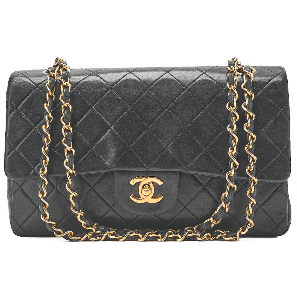 CHANEL Lambskin Matlasse W Flap 25 Chain Shoulder Black Gold Fittings ...