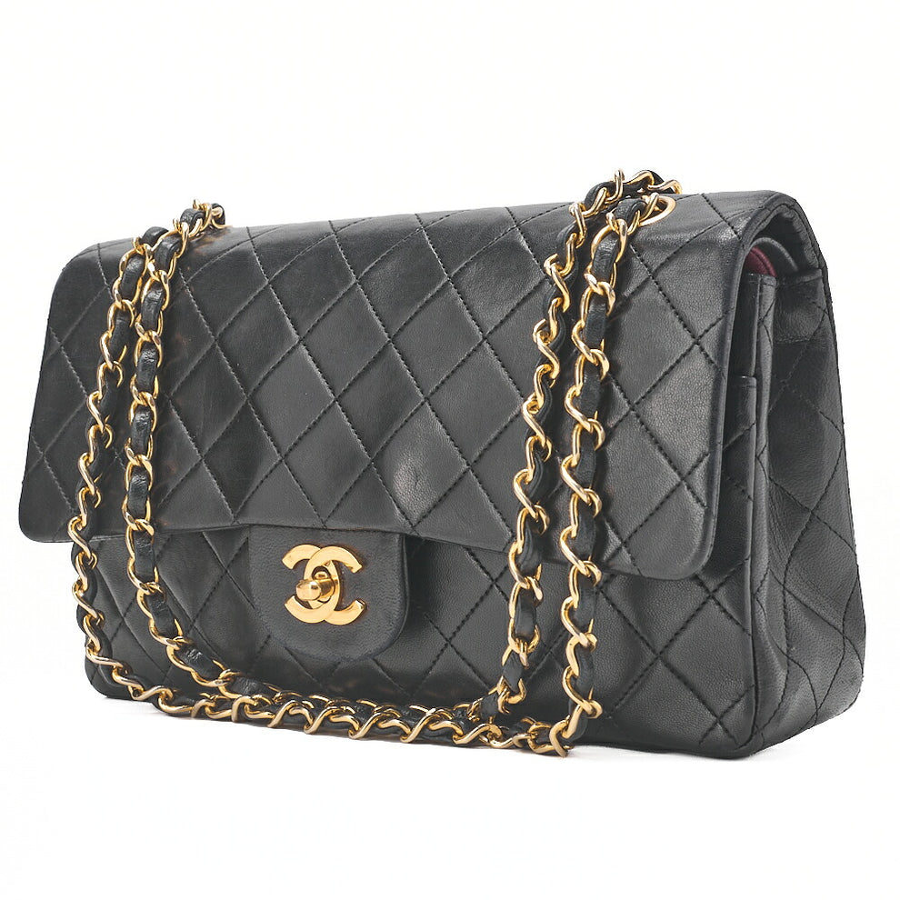 CHANEL Lambskin Matlasse W Flap 25 Chain Shoulder Black Gold Fittings ...