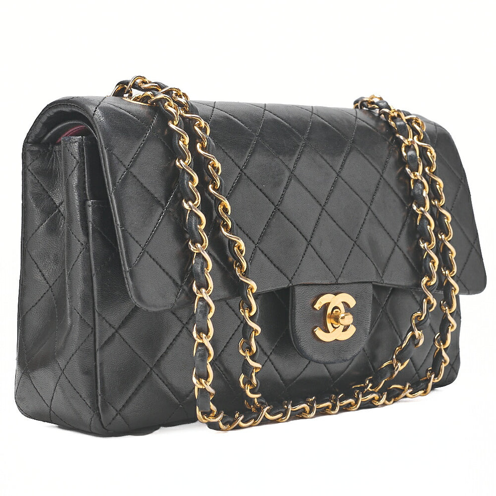CHANEL Lambskin Matlasse W Flap 25 Chain Shoulder Black Gold Fittings ...