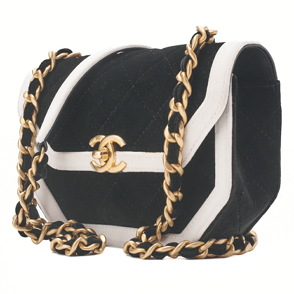 CHANEL Velor Mini Matlasse 20cm Baikara Chain Shoulder Black X White G ...