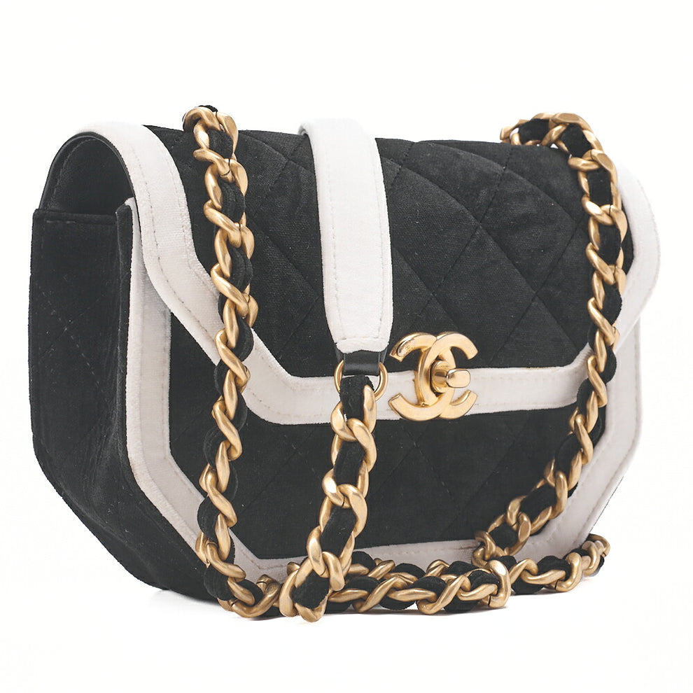 CHANEL Velor Mini Matlasse 20cm Baikara Chain Shoulder Black X White G ...