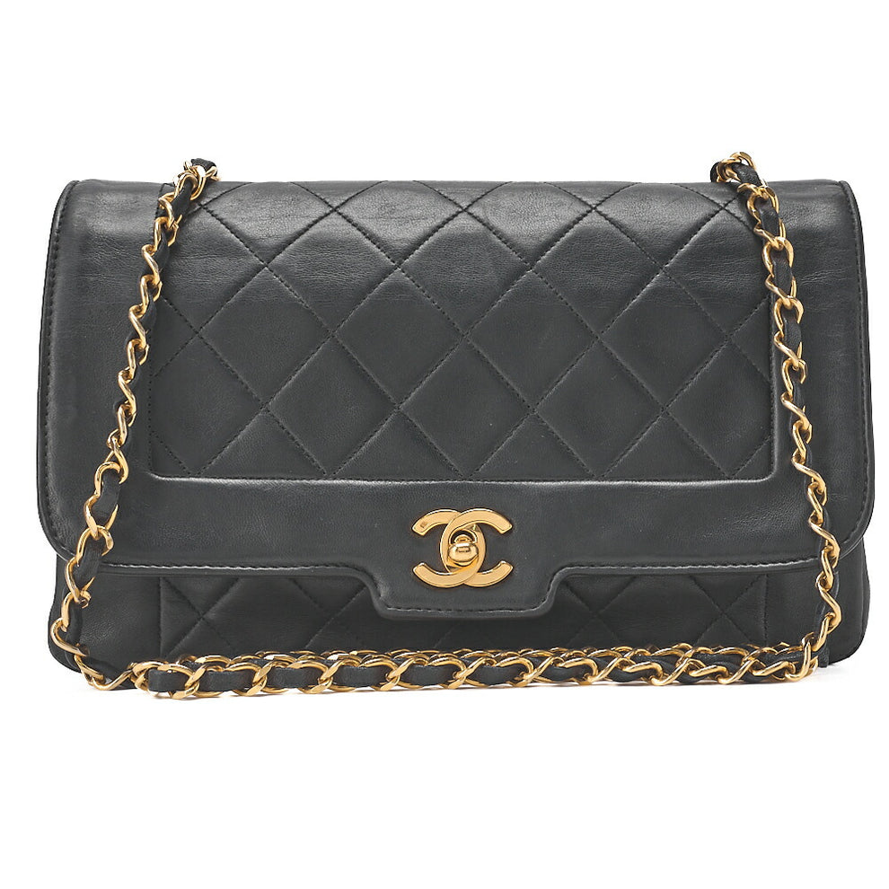 CHANEL Matlasse Diana Flap 25cm Chain Shoulder Lambskin Black Gold Fit ...