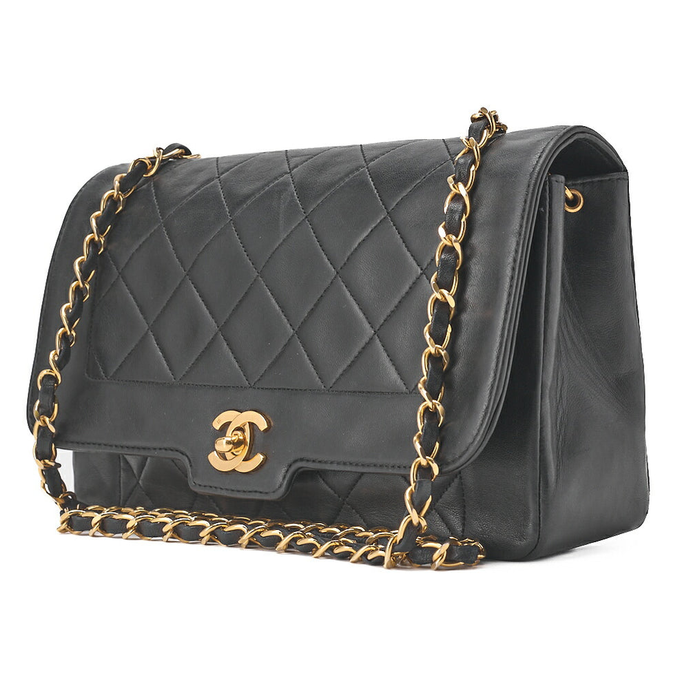 CHANEL Matlasse Diana Flap 25cm Chain Shoulder Lambskin Black Gold Fit ...