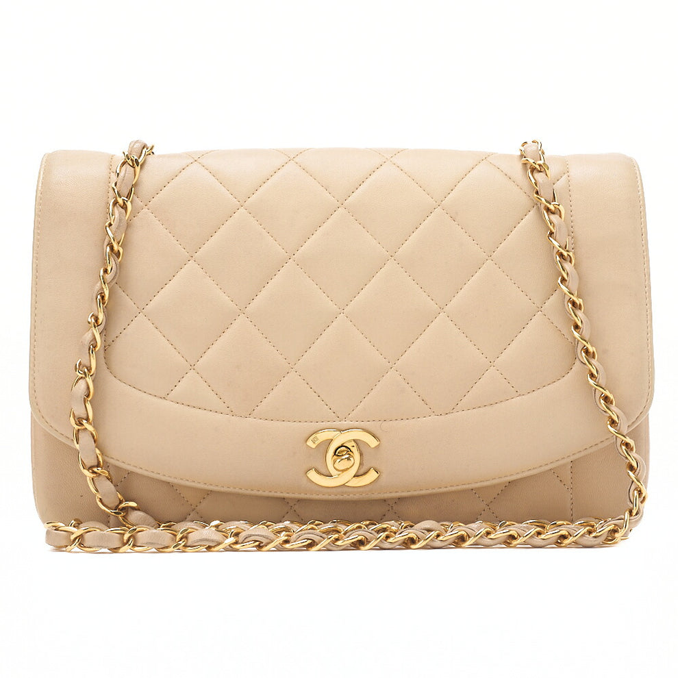 CHANEL Matrasse Diana Flap 25cm Chain Shoulder Lambskin Beige Gold Fit ...