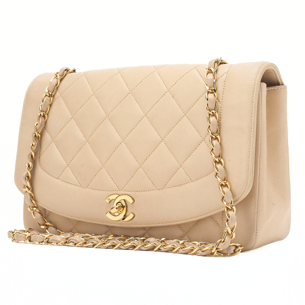 CHANEL Matrasse Diana Flap 25cm Chain Shoulder Lambskin Beige Gold Fit ...