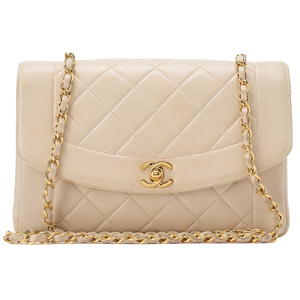 CHANEL Matlasse Diana Flap 24cm Chain Shoulder Lambskin Beige Gold Fit ...