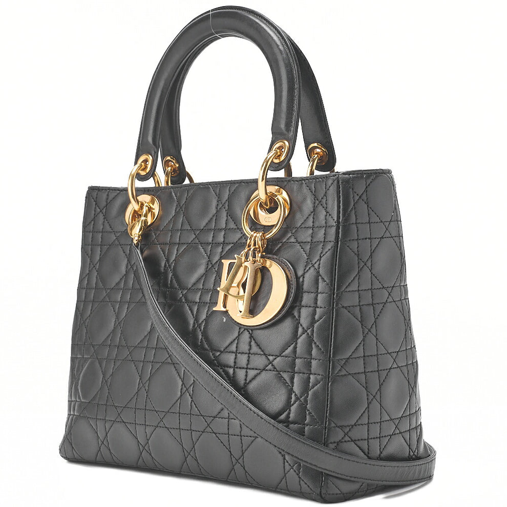 Dior Lady Dior Cannage Handbag Lambskin (Gold Fittings) Black Women's ...