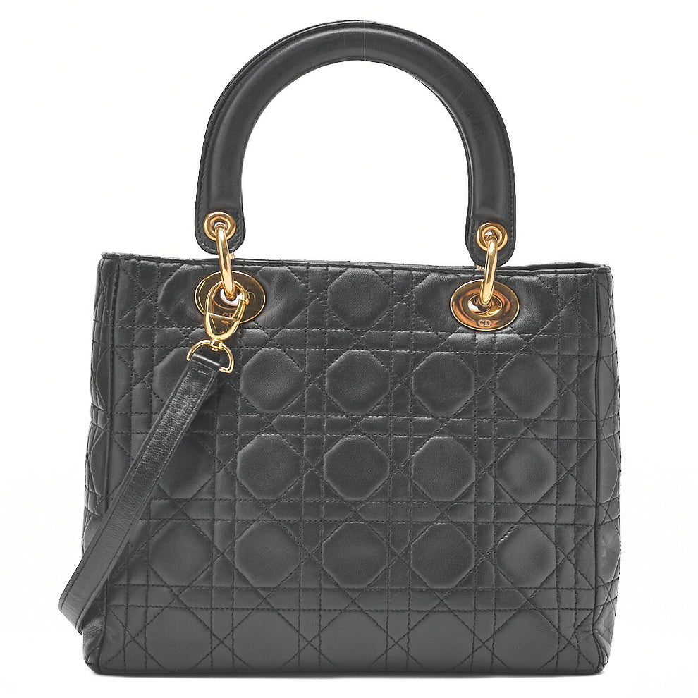 Dior Lady Dior Cannage Handbag Lambskin (Gold Fittings) Black Women's ...