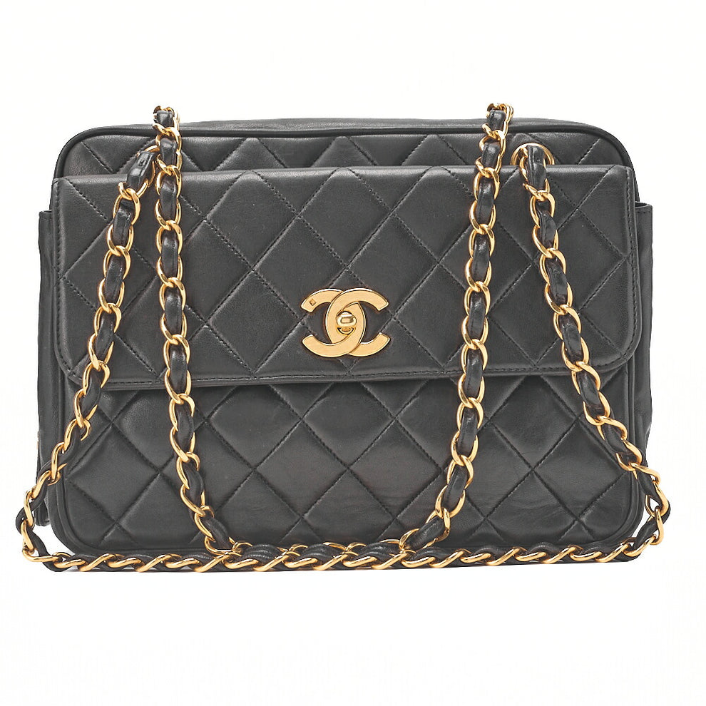 CHANEL Lambskin Matlasse Square Big Coco W Chain Shoulder Black Gold F ...