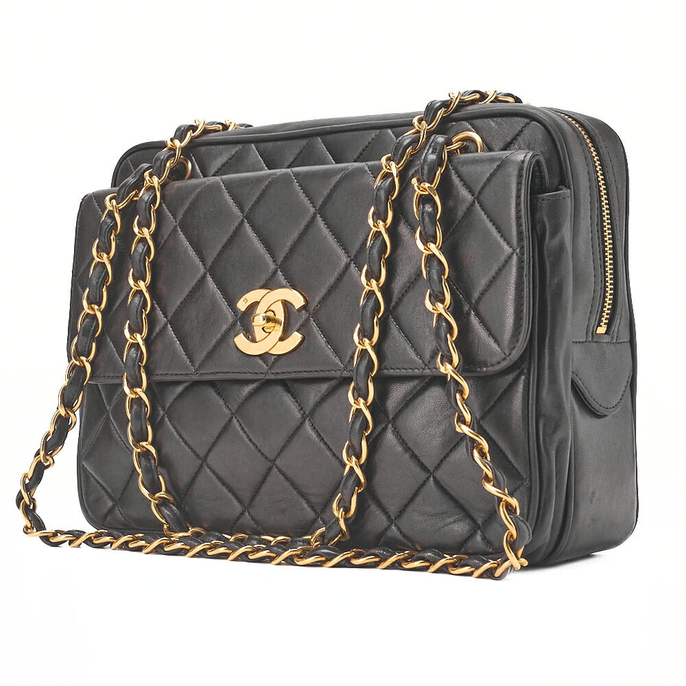CHANEL Lambskin Matlasse Square Big Coco W Chain Shoulder Black Gold F ...