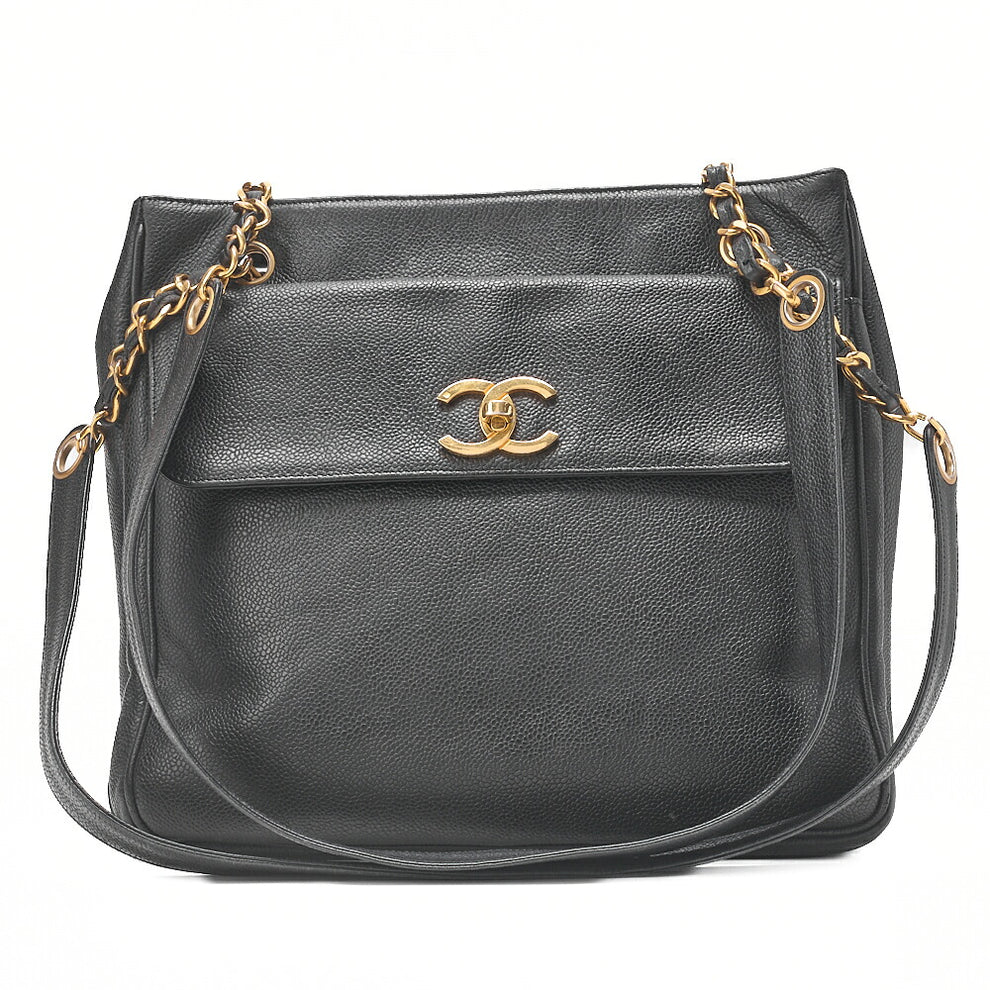 CHANEL Caviar Skin Outside Flap Chain Tote Black Gold-Tone Hardware, P ...