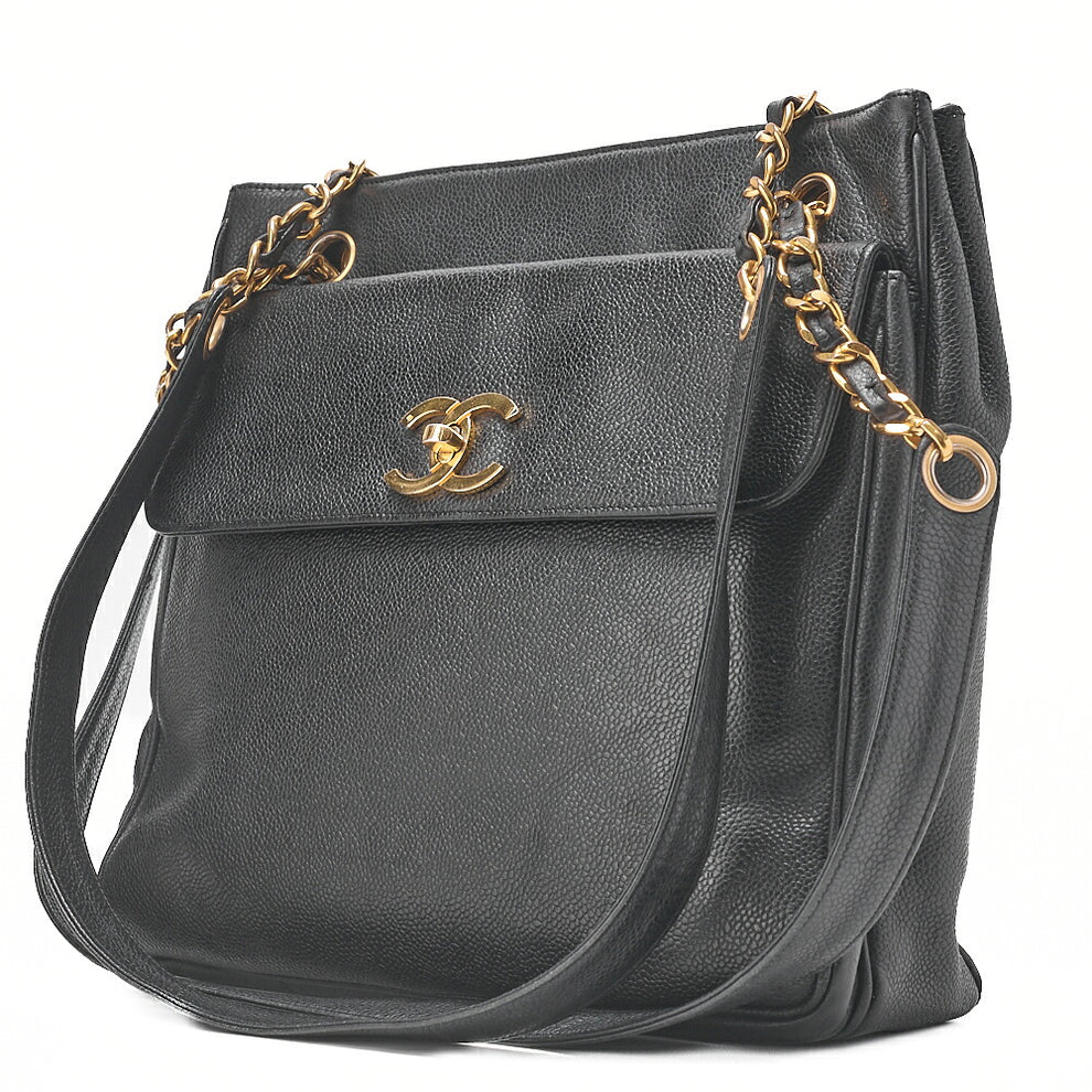 CHANEL Caviar Skin Outside Flap Chain Tote Black Gold-Tone Hardware, P ...