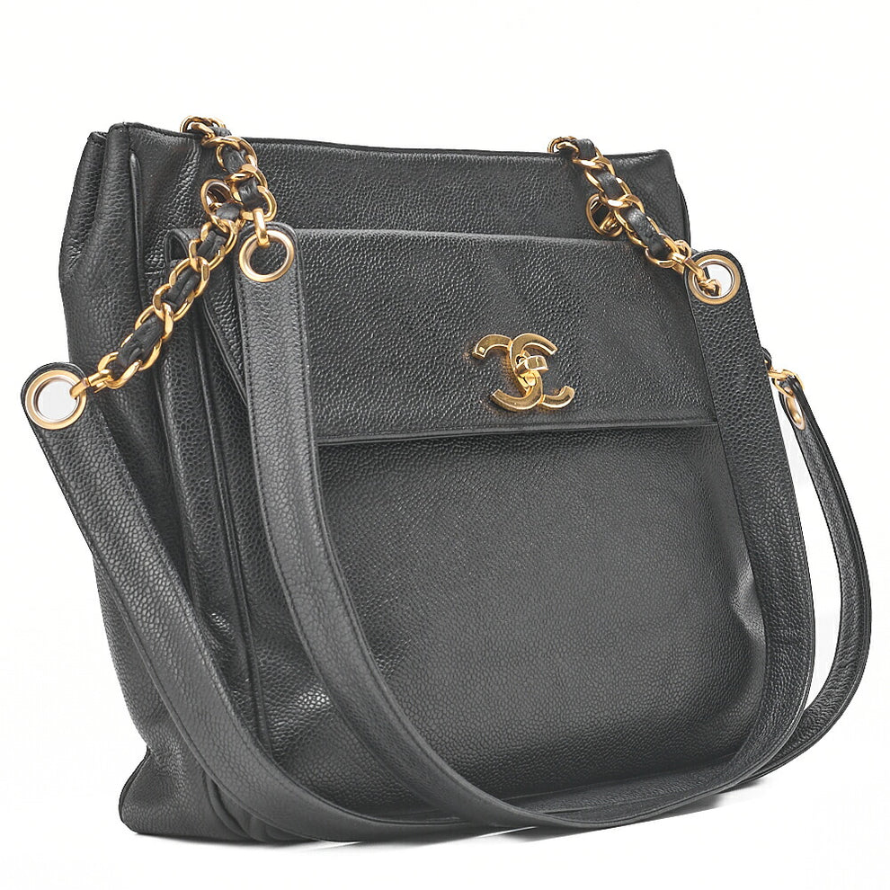 CHANEL Caviar Skin Outside Flap Chain Tote Black Gold-Tone Hardware, P ...