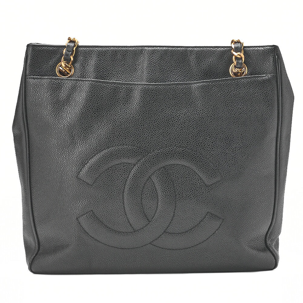 CHANEL Caviar Skin Outside Flap Chain Tote Black Gold-Tone Hardware, P ...