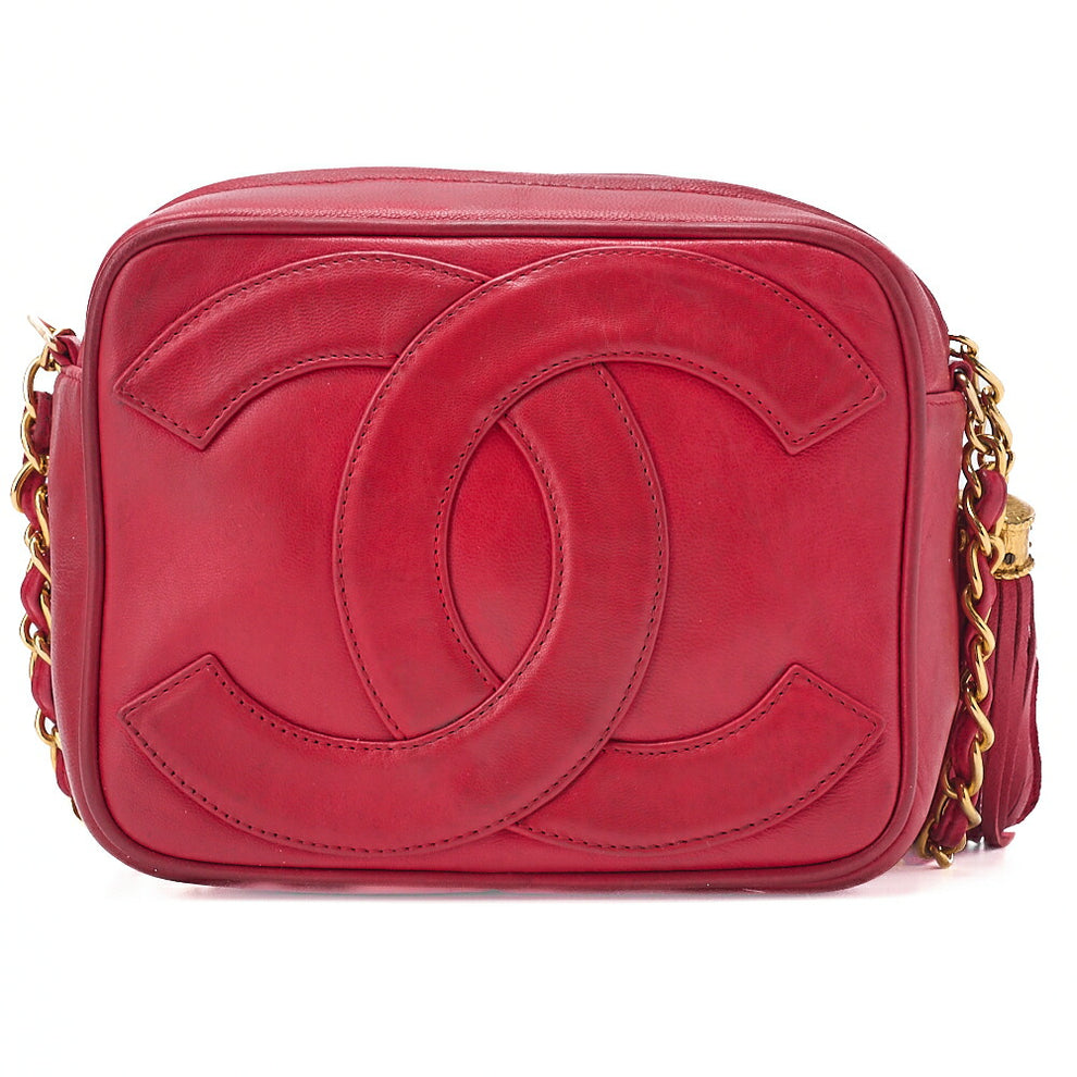 CHANEL Matelasse Coco Mark with Fringe Chain Shoulder Lambskin Red Gol ...
