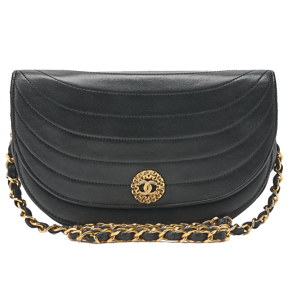 CHANEL Shoulder Bag Border Stitch Half Moon Push Lock Lambskin Black G ...