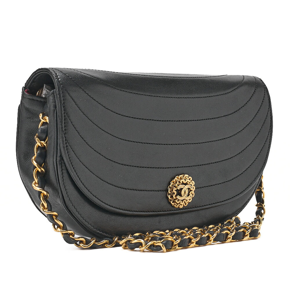 CHANEL Shoulder Bag Border Stitch Half Moon Push Lock Lambskin Black G ...
